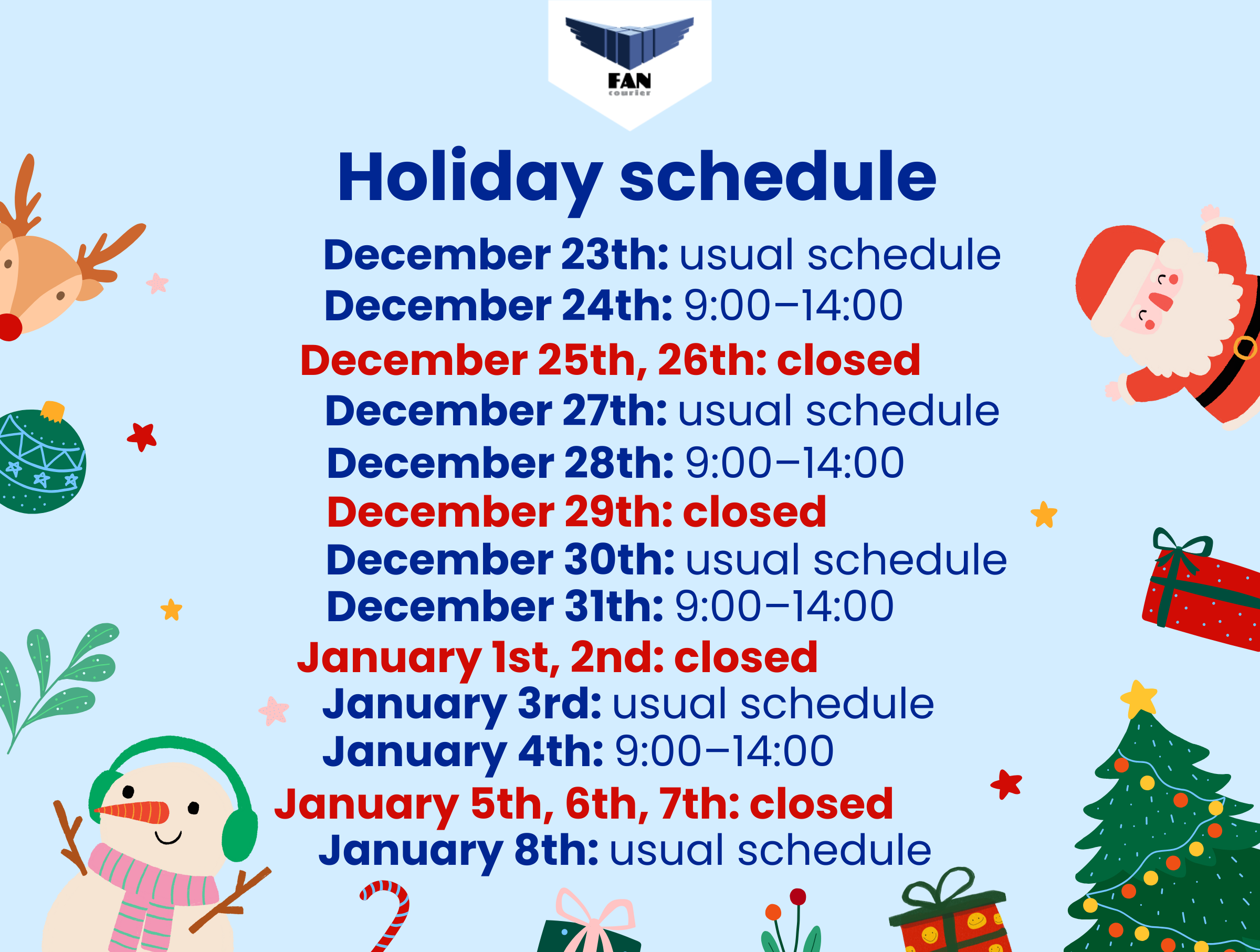 Holiday schedule - FAN Courier